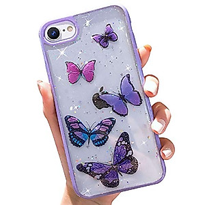 wzjgzdly Butterfly Bling Clear Case Compatible with iPhone SE 2020 Case, iPhone 8 Case, iPhone 7 Case, Glitter Case for Women Cute Slim Soft Slip Resistant Protective - Purple