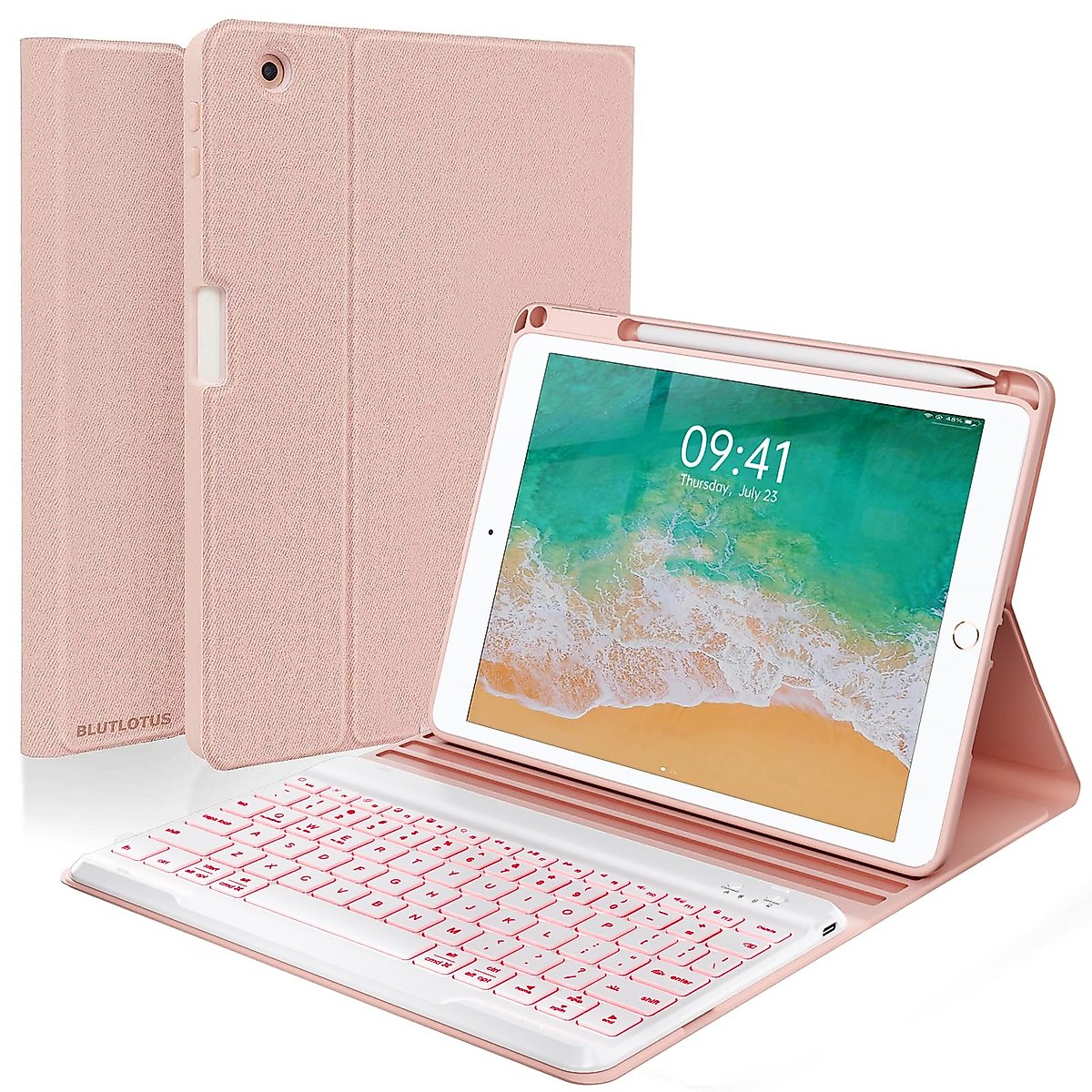 BLUTLOTUS Keyboard case for iPad 9.7 Inch Air 2, iPad 5th/ 6th Generation (2017/2018) with Keyboard Detachable, 7 Color Wireless Backlit Keyboard, Smart Folio Cover with Pencil Holder(Pink)