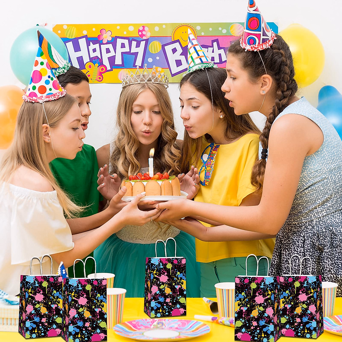 chiazllta 12 Pieces Neon Gift Bags Glow in the Dark Party Goodie Bags with Handle Paint Splatter Gift Bags for Treat Candy Neon Party Favors for Birthday Supplies Decor