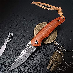KUNSON Folding Pocket Knife 2.6” Damascus Steel Blade and Natural Classic Red Sandalwood Handle Design, Outdoor EDC Portable Carry Keychain Knife