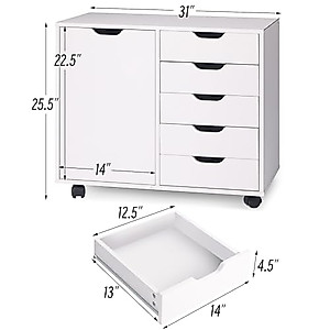 Rotihom 5 Drawer File Cabinet, Wood Mobile Lateral File Cabinet for Home Office Bedroom, 31 Inch Printer Stand with Storage on Wheels, Mobile Office Shelf with 2-Compartment Cabinet (White)