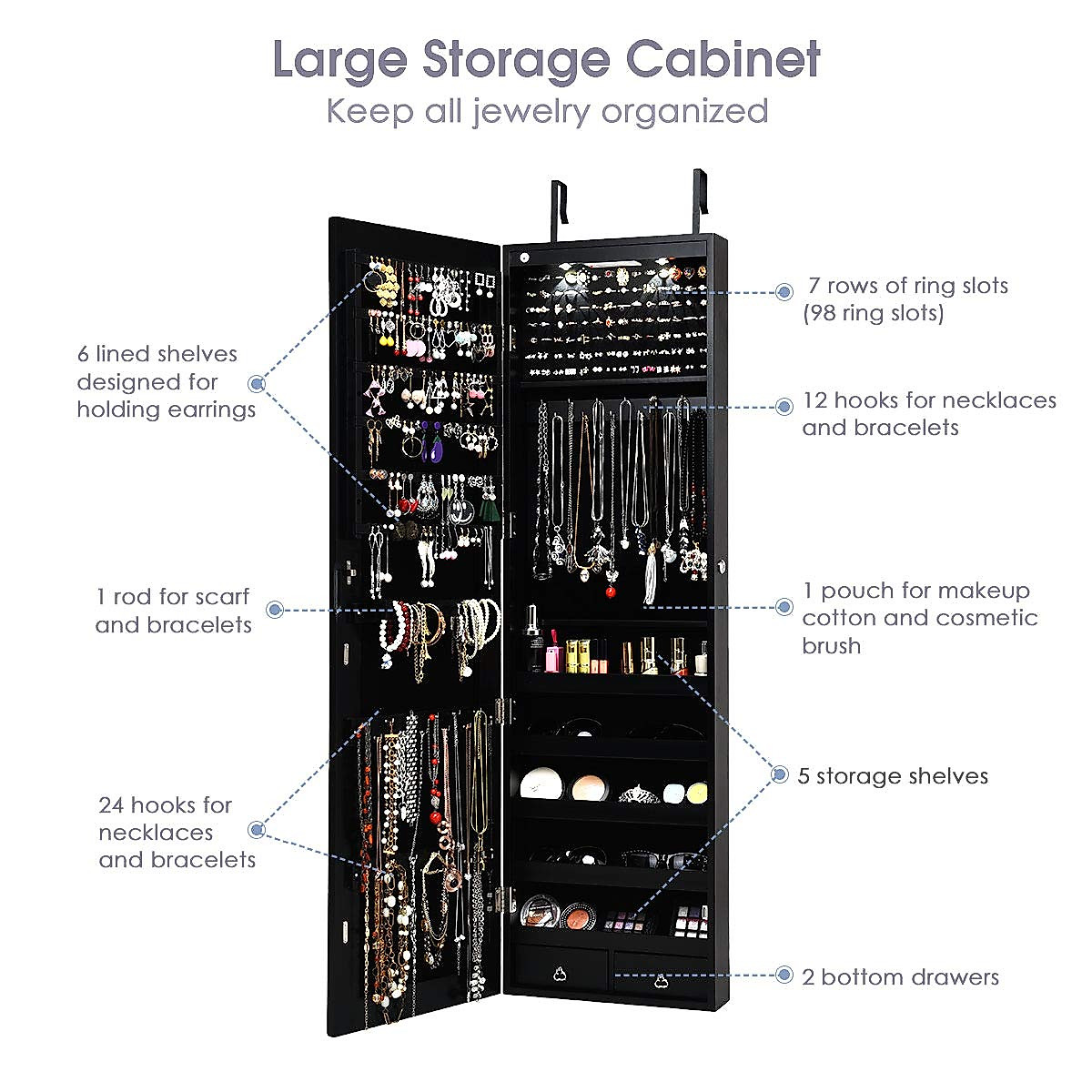 Giantex Wall Door Mounted Jewelry Armoire Cabinet with 47.5" H Full Length Mirror, 2 LEDs Lockable Jewelry Organizer Box with Bracelet Rod, 2 Drawers, Large Storage Capacity (Black)