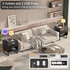 LED Nightstand with Charging Station, Black Night Stand with Charger Station, Bedside Table End Tables Bedroom, Modern Night Stand with a Big Capacity Drawer