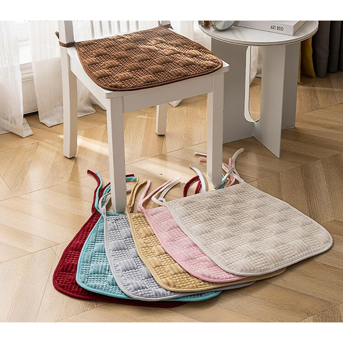 4 Pack Flannel Chair Cushion for Desk Chair Soft Plush Nonslip Seat Cushions Washable Kitchen Dining Chair Pads with Ties Office Car Sitting Chair Pads,18" x 18" (Brown)