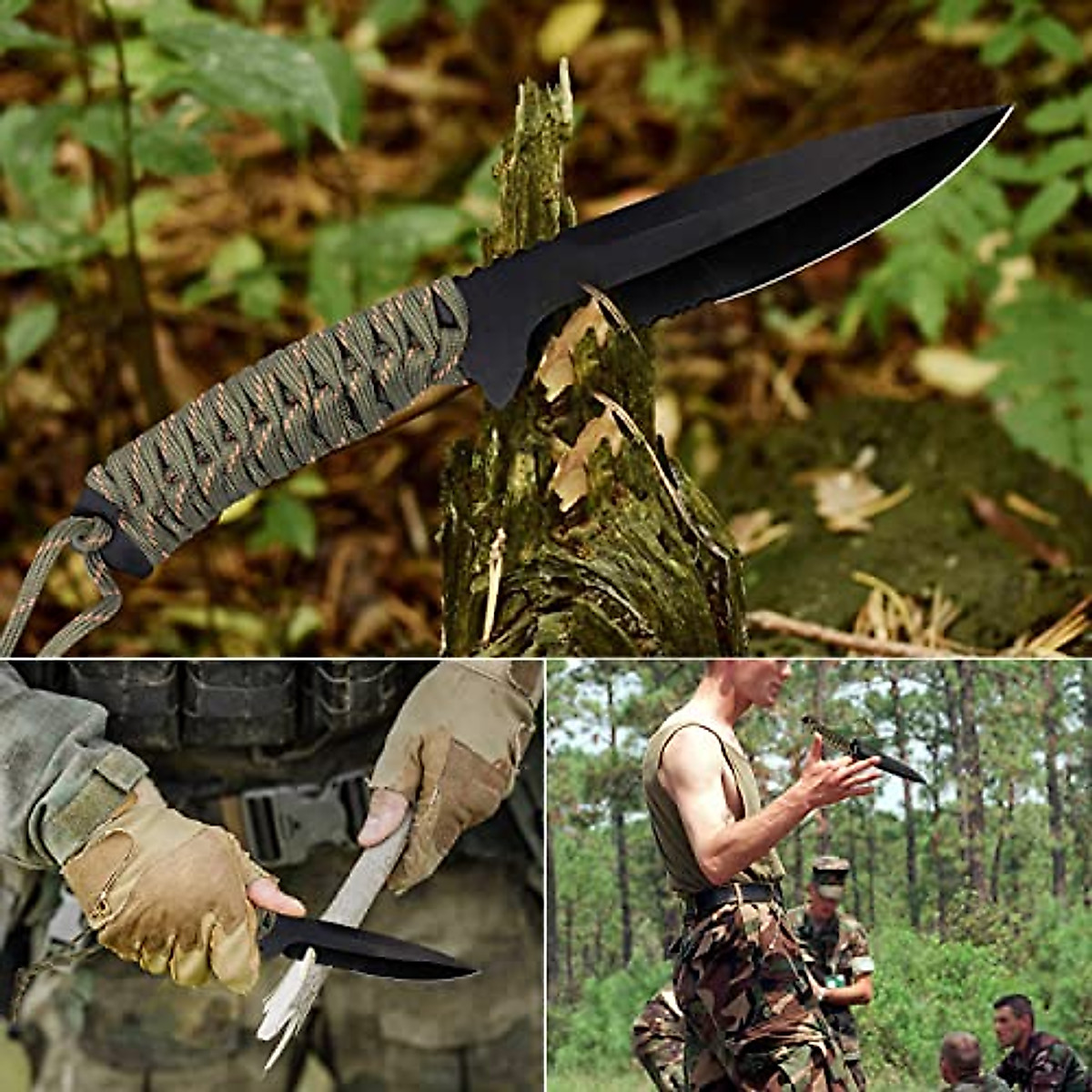 EMHTiii Camping Fixed-Blade Survival Knife - 9in Full Tang Outdoor Knives, 5in Blade with Serrated Edge and Rope Handle, Black