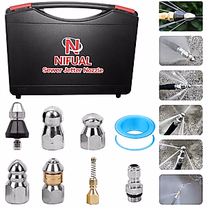 8PCS Sewer Jetter Nozzle Kit with Box, Stainless Steel Rotating Nose Sewer Jetting Nozzle for Pressure Washer,Pressure Drain Jetter Hose Nozzle with 1/4 Inch Pressure Washer Quick Connector,5000 PSI