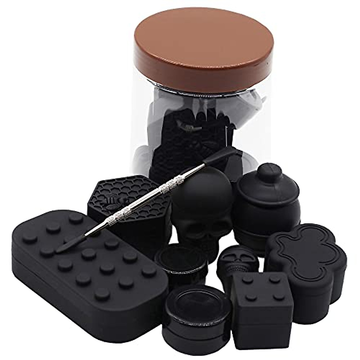Vitakiwi Silicone Concentrate Black Containers 3ml 5ml 7ml 9ml 15ml Skull 22ml 26ml Bee 35ml 6+1 Multi Compartment Oil Jars with Carving Tool (9PCS)
