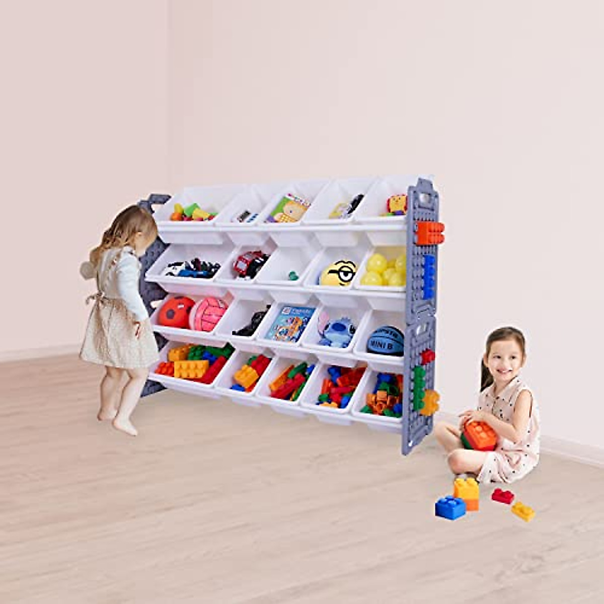 UNiPLAY Toy Organizer with 20 Removable Storage Bins, Multi-Bin Organizer for Books, Building Blocks, School Materials, Toys with Baseplate Board Frame (Gray)
