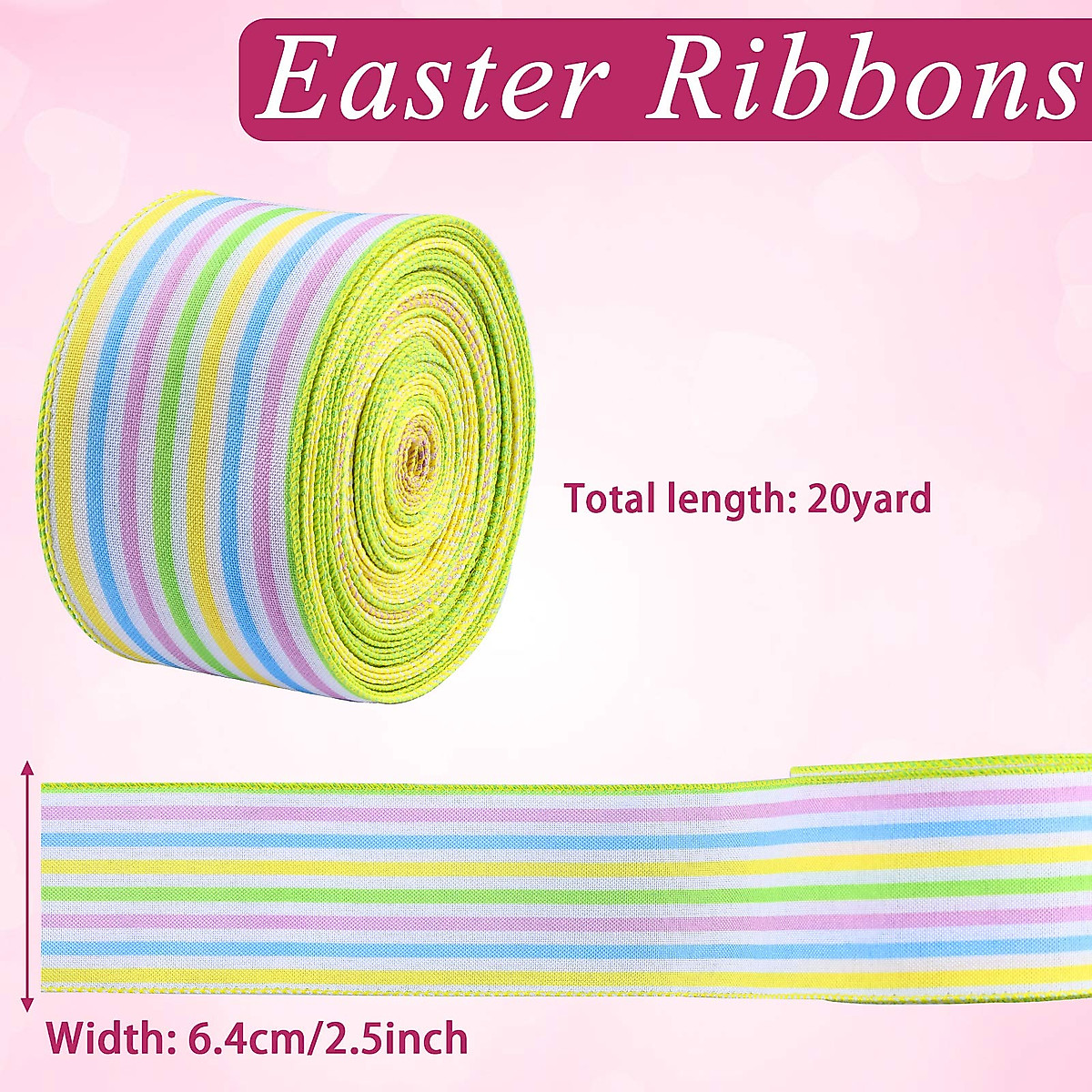 20 Yards Easter Spring Stripe Wired Edge Ribbons 2.5 Inch Stripe Burlap Ribbons Wired Easter Ribbon Easter Ornament Hanging Decorations for Easter Wrapping DIY Crafts Decoration