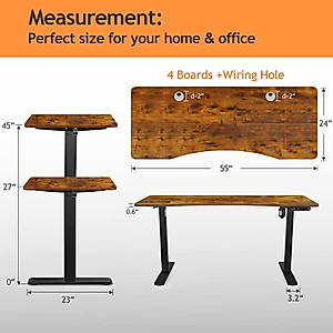 Legooin Electric Standing Adjustable Height Desk 55'' x 24''Sit Stand Desk with Double Crossbeam Structure, 27''-45'' Lifting Range Stand up Desk(Brown Arc)