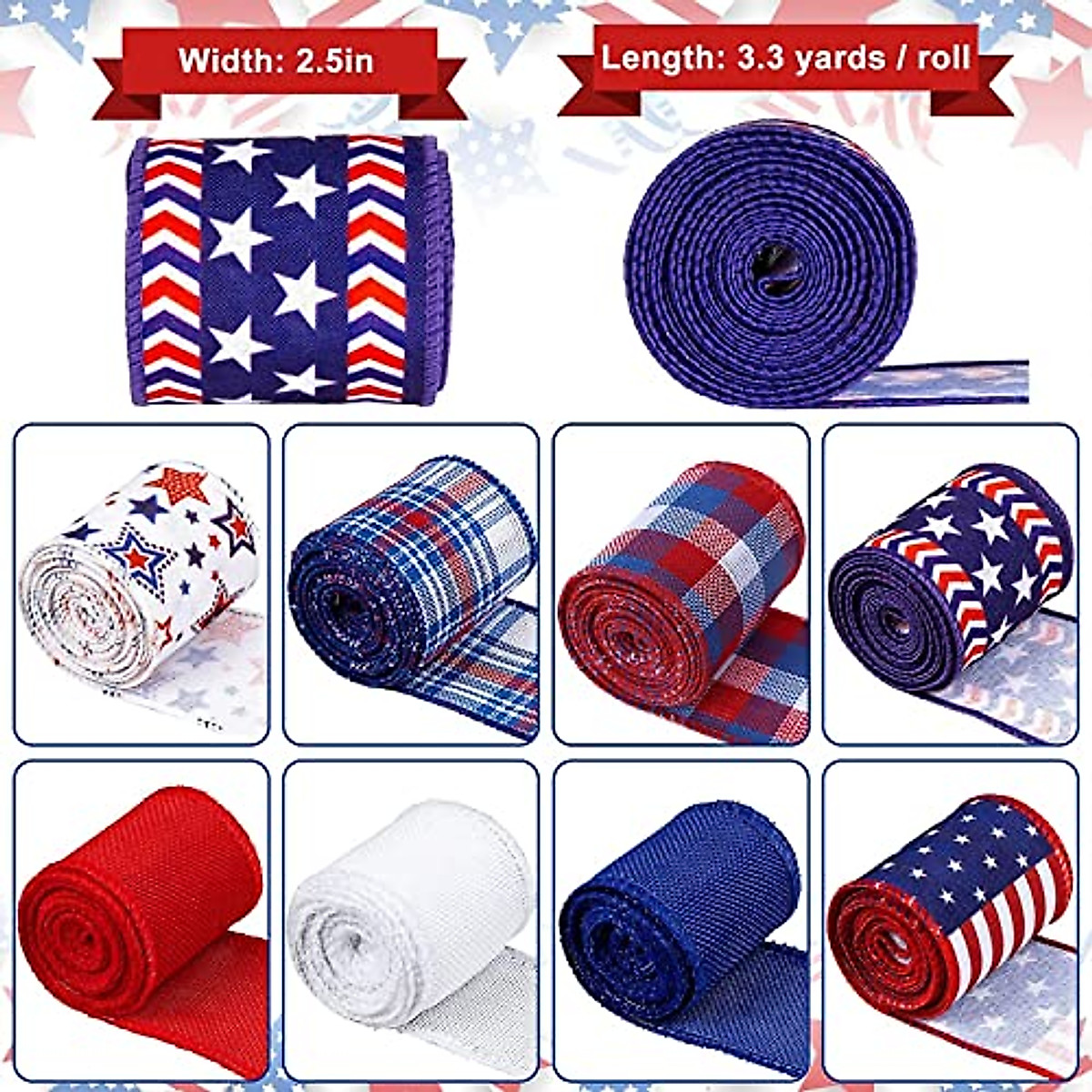 Whaline 8 Roll Independence Day Wired Edge Ribbon Patriotic Star Stripe USA Flag Burlap Ribbon 26 Yard Red Blue White Fabric Ribbon for 4th of July DIY Gift Wrapping Wreath Crafts Decor, 2.5 Inch