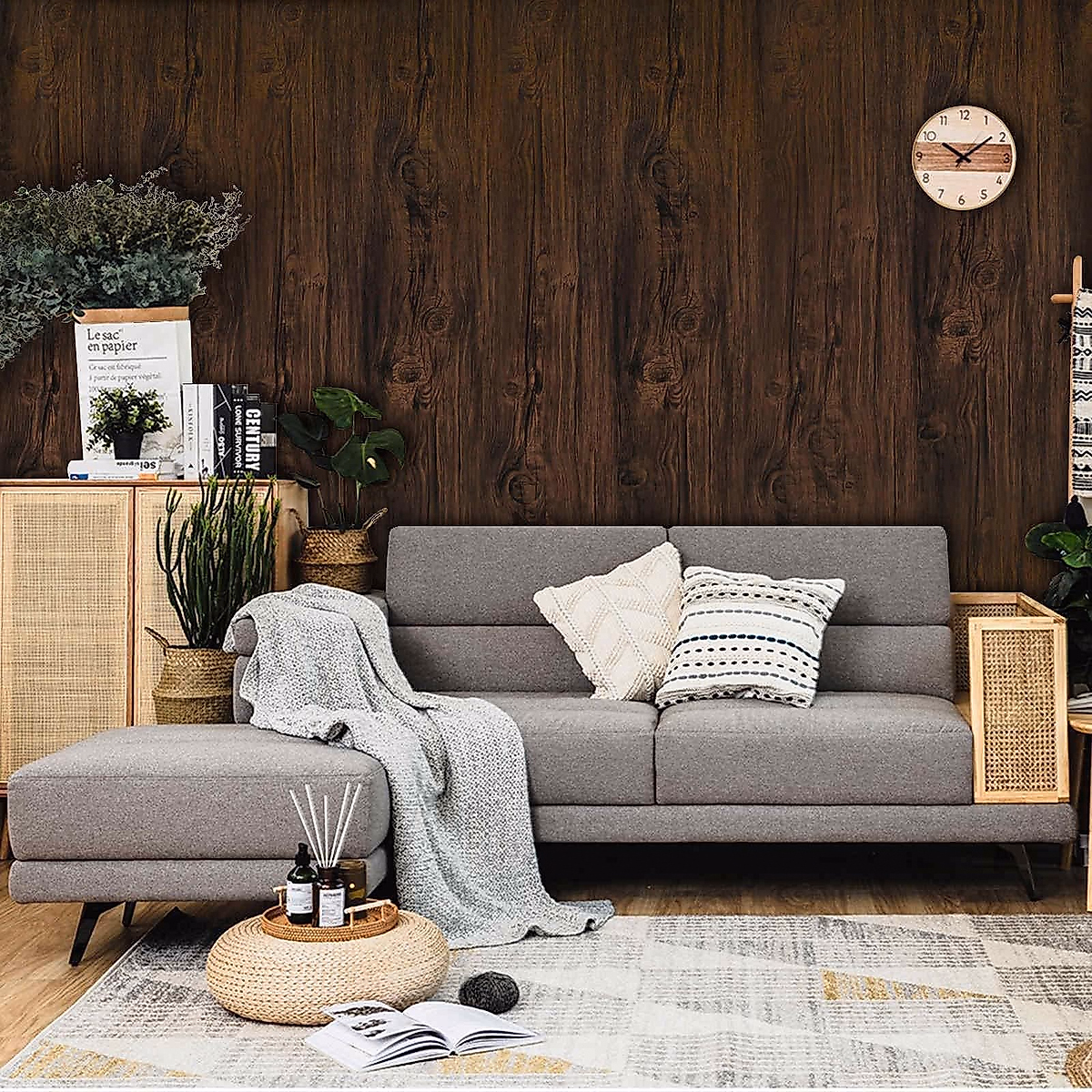 LXCREAT Wood Peel and Stick Wallpaper Wood Wallpaper 15.7in x 118in Self Adhesive Dark Brown Wallpaper Real Wood Texture Pattern Design Removable Wallpaper Home Xmas Decor for Tables Cabinets