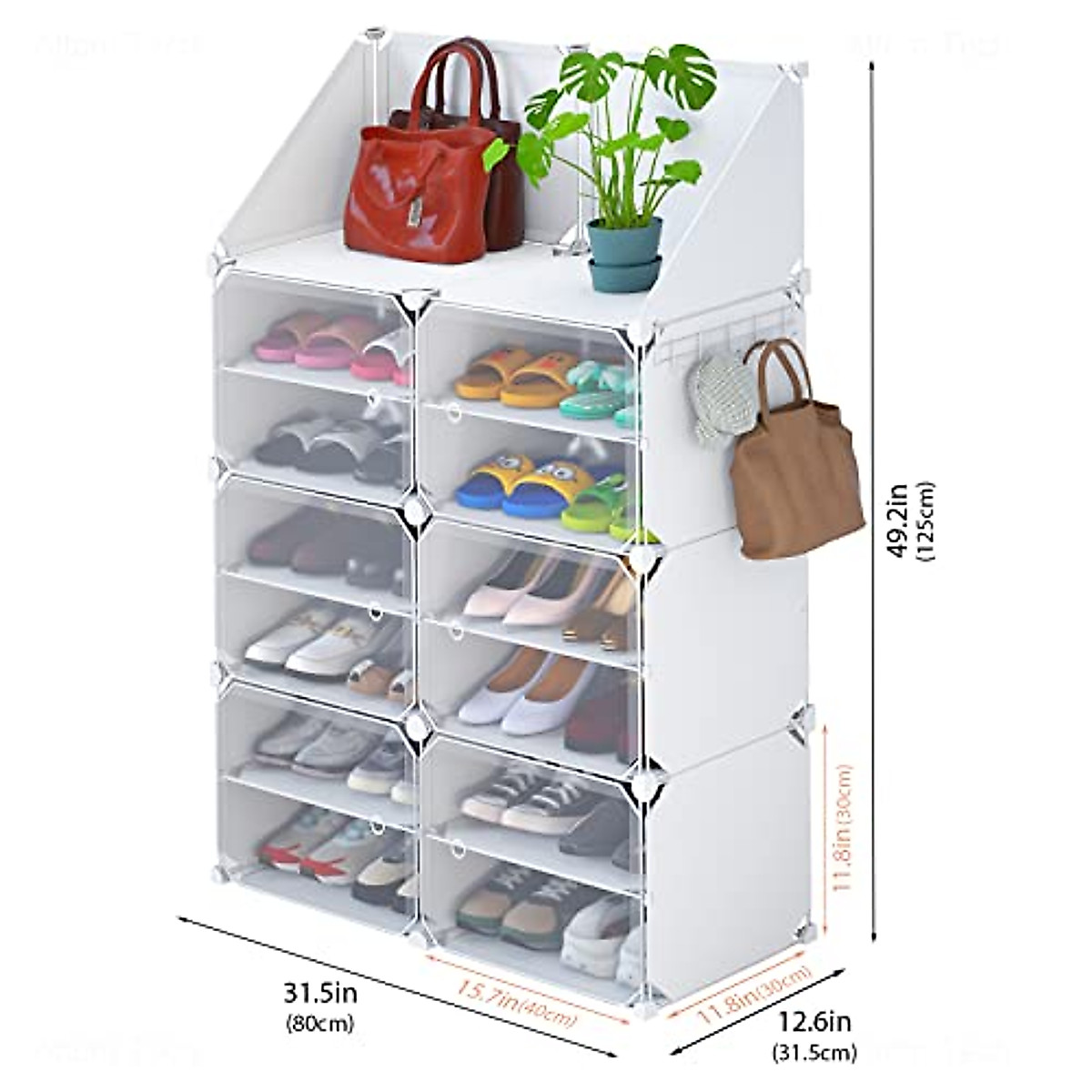 NiHome Stackable Shoe Organizer with Doors - Holds 24 Pairs, Expandable Closet Shoe Rack, Plastic Cabinet with Free-Standing Design for Home, Office and Garage Storage (White)