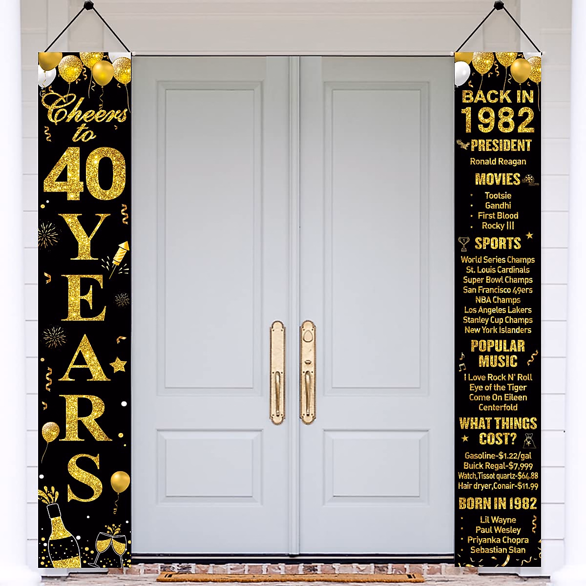 40th Birthday Door Banner Decorations for Women Men, 2Pcs Black Gold Cheers to 40 Years Back in 1982 Backdrop Party Supplies, Happy 40 Year Old Birthday Door Porch Decor Sign