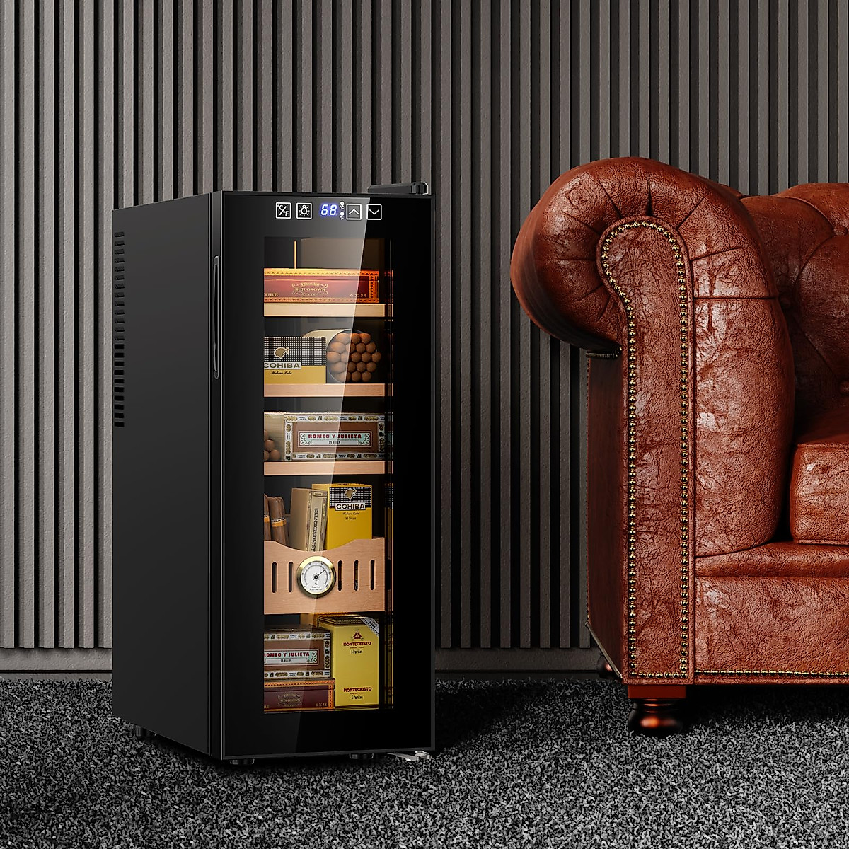 TUATNUT 36L Electric Cooler Cabinet for Bar & Home, Made with Spanish Cedar Wood Shelves & Drawer with Hygrometer, LED Touch Screen, Cooling Function, Quiet Operation, Mens Gifts (Only Cooling)