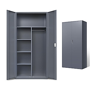 DNA MOTORING Metal Storage Cabinet, 72" Storage Wardrobe with Lock and Hanging Rod, Locking Cabinet Heavy Duty Utility Cabinet with 4 Shelves for Garage,Office,Home,Gym, Gray, TOOLS-00633-GY-GY