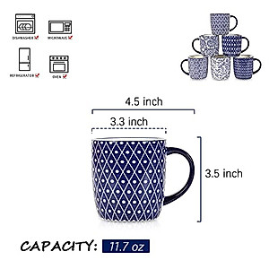 Selamica Porcelain 10 oz Coffee Mugs Set of 6 with Big Handle, Coffee Cups Ceramic for Cappuccino Latte Cocoa Milk Tea, Dishwasher Microwave Safe, Vintage Blue