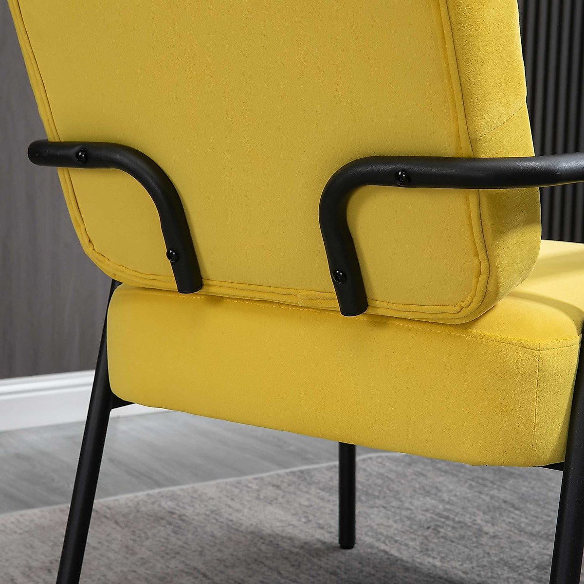 HOMCOM Modern Accent Chair with Cushioned Seat and Back, Upholstered Velvet Armchair for Bedroom, Living Room Chair with Arms and Steel Legs, Yellow