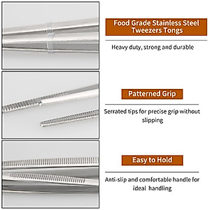 Fine Tweezer Tongs, 6pcs Cooking Tweezers, 12'' and 6.3" Stainless Steel Food Tweezers, Professional Kitchen Long Tweezer with Round and Curved Tips for Baking(6pcs, 12"+6.3")