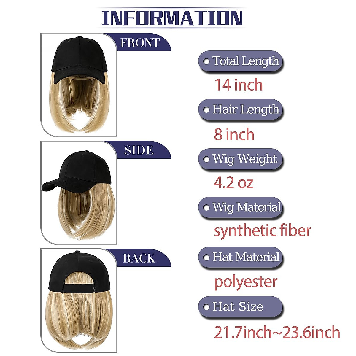 Qlenkay Baseball Cap with Hair Extensions Straight Short Bob Hairstyle Adjustable Removable Wig Hat 14inch for Woman Girl Ash Blonde Mix Bleach Blonde