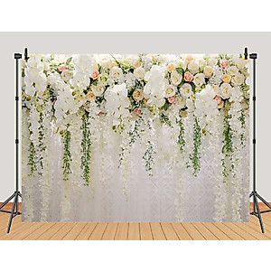 YQ 7x5ft White Rose Floral Photography Backdrops Bridal Shower Wedding Flowers Wall Decoration Photo Background Girl Woman Birthday Party Banner Baby Shower Cake Table Decor Studio Props Booth