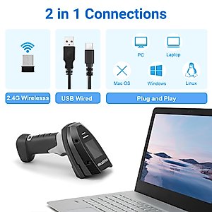 Barcode Scanner Wireless, Onewscan 1D Laser Barcode Reader with Stand 2.4G Wireless & USB Wired Connection 2 in 1 Plug and Play Handheld Bar Code Scaners