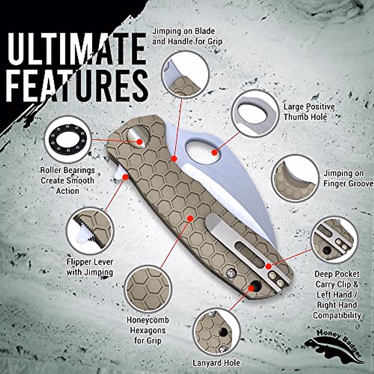 Western Active Honey Badger Pocket Knife, EDC Claw Hawkbill Folding Utility Knife, EDC Knife with Stainless Steel Blade, Claw Pocket Knives, Reversible Pocket Clip - 3.4" (Claw Smooth Large Tan)