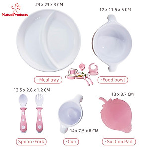 mutualproducts - Baby Feeding Set 7-Piece | Baby Led Weaning Utensils Set Includes Suction Bowl and Plate, Baby Spoon and Fork, Sippy Cup | Baby Feeding Supplies Set (Pink-White)