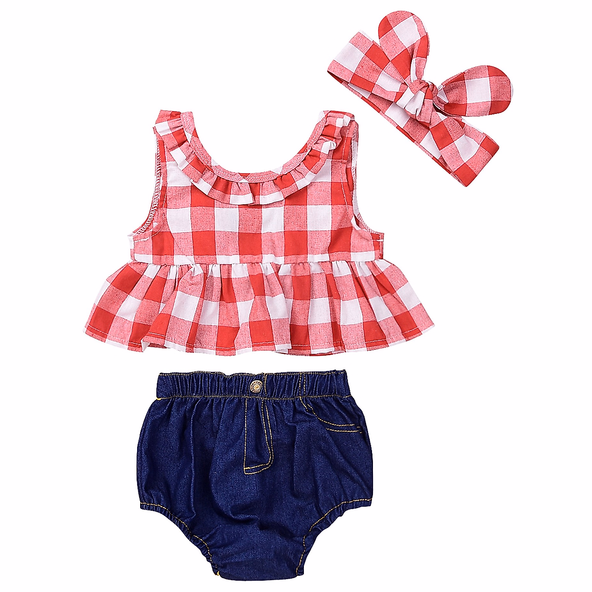 IWOKA Baby Girls Plaid Ruffle Bowknot Tank Top+Denim Shorts Outfit with Headband (70(0-6M), Red)