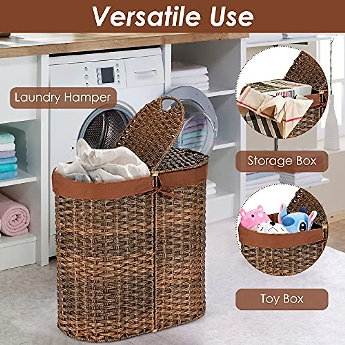 Giantex Double Laundry Hamper with Lid, Oval Laundry Basket with 2 Removable Liner Bags, Portable Handwoven Clothes Sorter Bin for Living Room Bedroom Laundry (Brown)