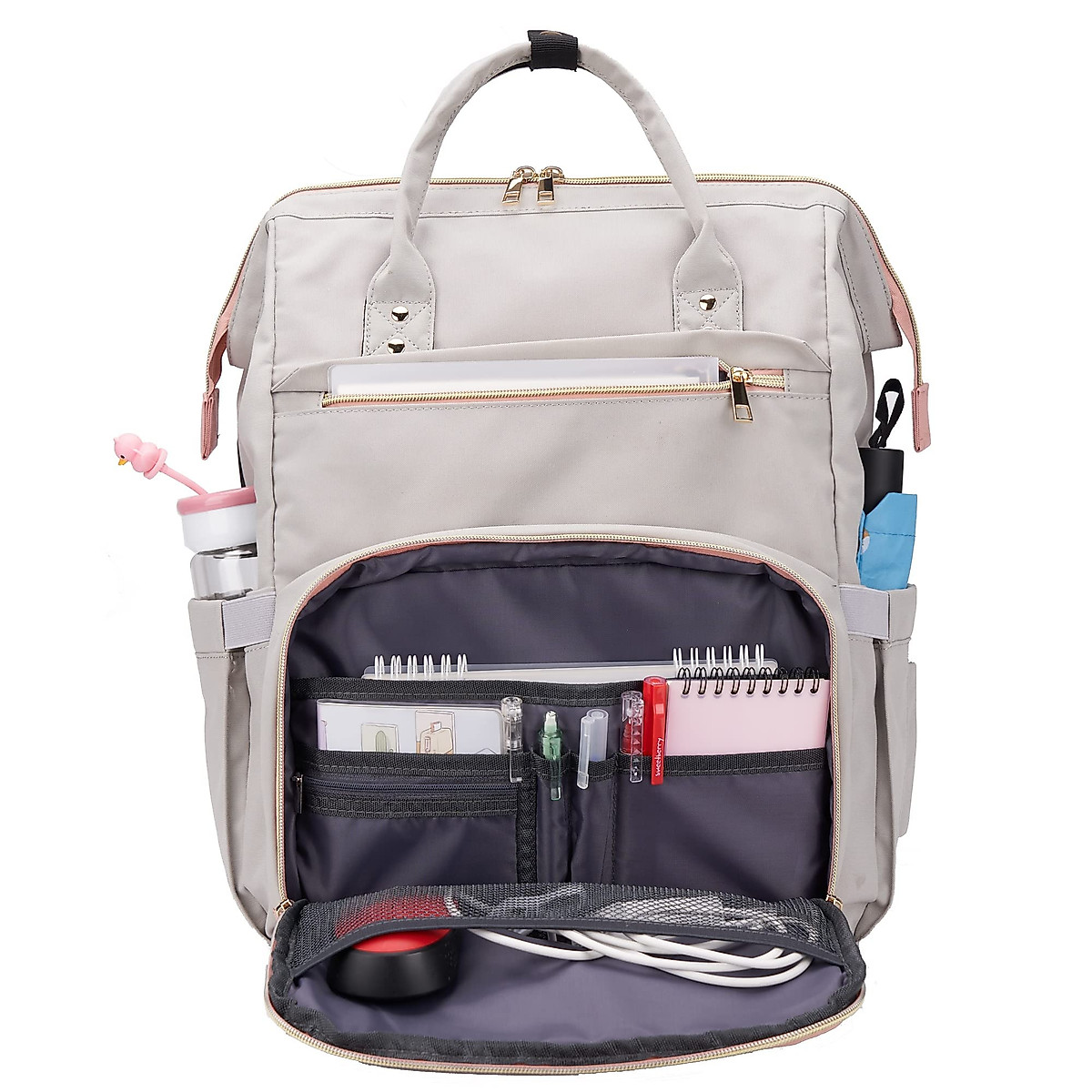 Erihop Teacher Backpack 17 Inch Laptop Bag for Women Fashion Backpack Purse, Work Backpack Tote Computer Bag with Charging Port,Travel Backpack, Grey&Pink