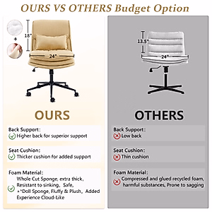 Bonnlo Criss Cross Chair with Wheels,18” Height Adjustable Full Back, Comfy Wide Armless Office Desk Chair,Swivel Cute Vanity Home Chair, Home Chair for Make up,Living Room, Fabric,Yellow