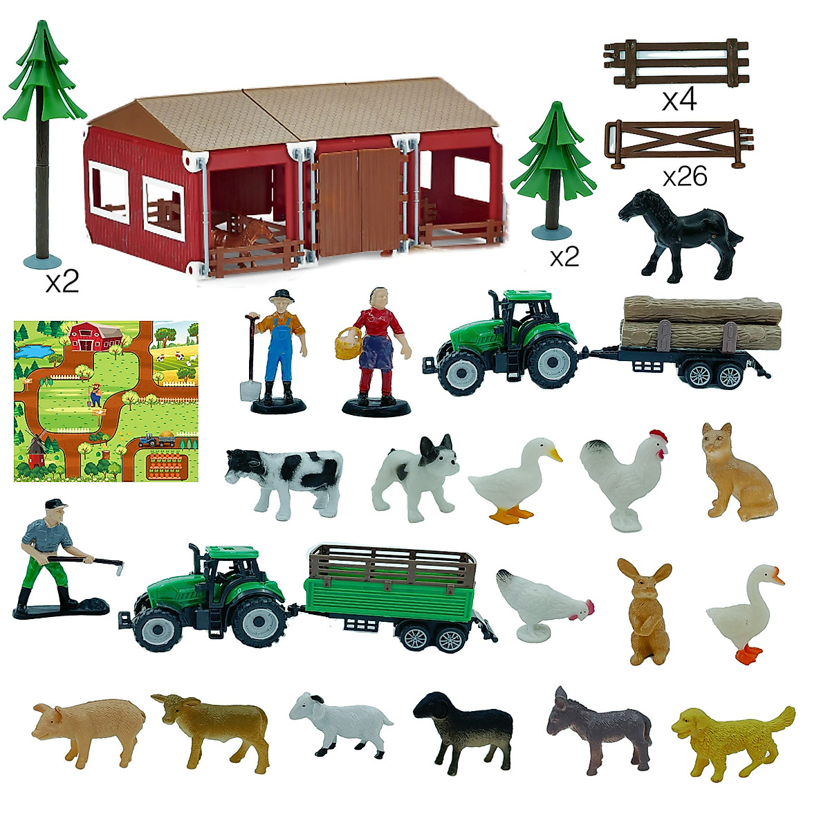 Peagprav Farm Playset Mini Barn Farm Toys 119PCS Plastic Animals Figurines and Fence with Map Figures Farmer Vehicle Truck with Forestry Trailer for 3-12 Years Old Kids Boys Girls Toddlers