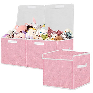 Pantryily Extra Large Toy Storage Box, Stackable Storage Bins with Lids, Detachable Toys Boxes Chest Organizer,Collapsible Bins with Sturdy Handles for Girls(Pink)