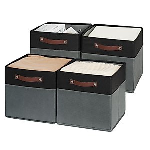 DULLEMELO Collapsible Storage Bins,13×13 Cube Storage Bins (Set of 4), Large Fabric Storage Cube Baskets for Organizing,Cubby Storage Boxes for Shelves, Home,Nursery,Office (Black & Grey)
