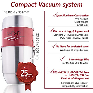 Nadair 700 AW Compact and Powerful Central Vacuum System, Hybrid Filtration (with or Without Disposable Bags), 22L or 5.8 Gal, with 30ft Carpet Deluxe Accessory Kit Included, Silver