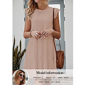 KIRUNDO Women's Summer Dresses 2024 Sleeveless Ruffle Sleeve Round Neck Solid Loose Short Flowy Pleated Mini Babydoll Dress, Apricot, Medium