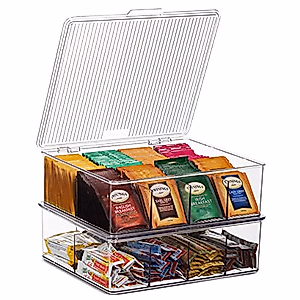 2 Pack Large Stackable Plastic Tea Bag Organizer - Storage Bin Box for Kitchen Cabinets, Countertops, Pantry - Holds Beverage Bags, Cups, Pods, Packets, Condiment Accessories Holder