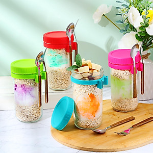 Dandat 6 Sets Overnight Oats Containers with Lids Spoons and Forks 20 oz Glass Mason Jars for Overnight Oats Overnight Oats Jars Large Capacity Airtight Jars for Milk Cereal Fruit Food Storage