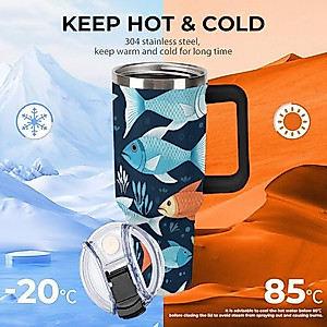 LPSADGF Fishes Pattern Insulated Stainless Steel Travel Mug, 40 Oz Tumbler with Handle And Straw Double-Wall Vacuum Coffee Cup, Leak-Proof Lid, Keeps Drinks Hot/Cold for Hours
