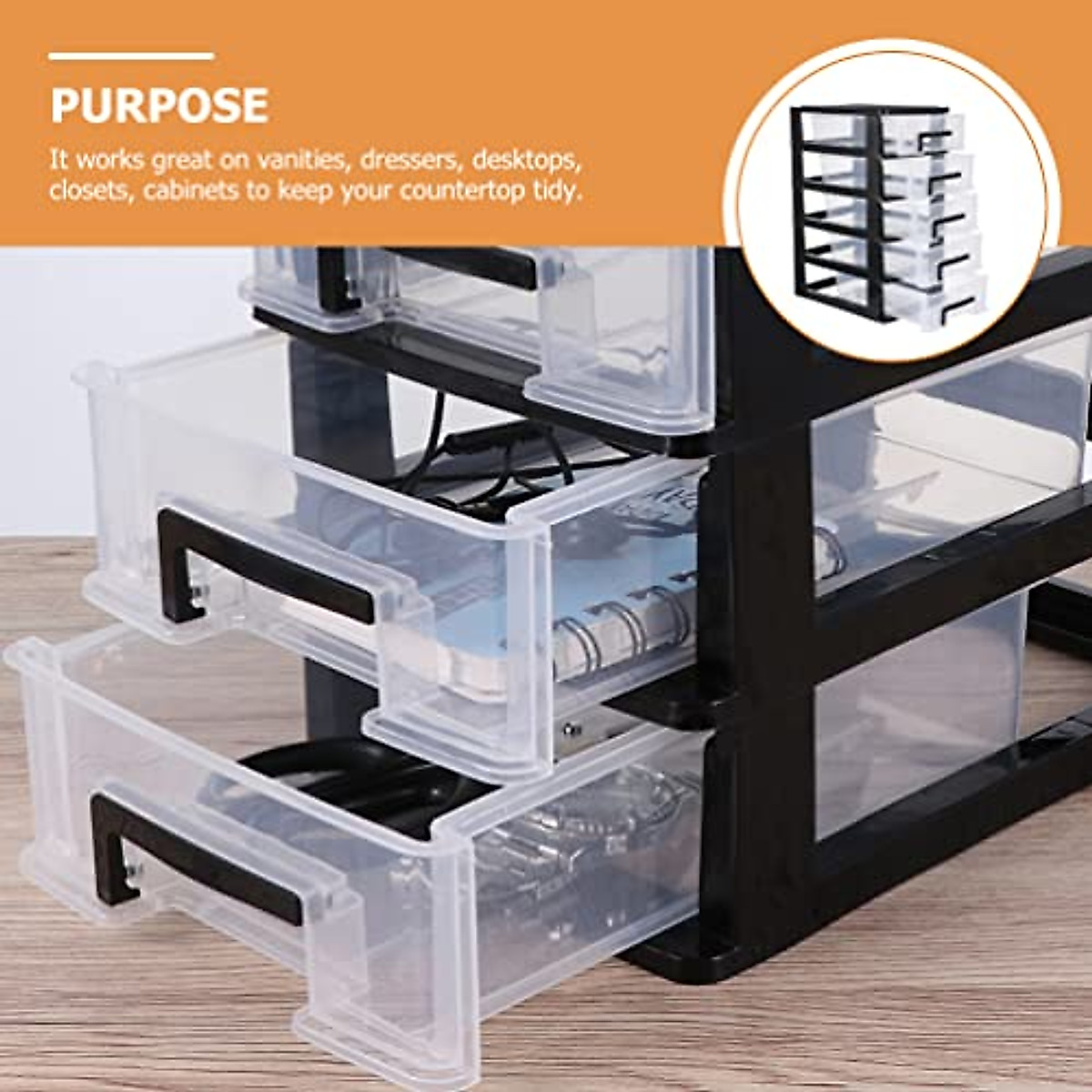 Tofficu 5 Drawer Storage Tower Plastic Storage Multifunctional Storage Cabinet with Clear Drawers Storage Case Organizer for Craft Stationary(Black)