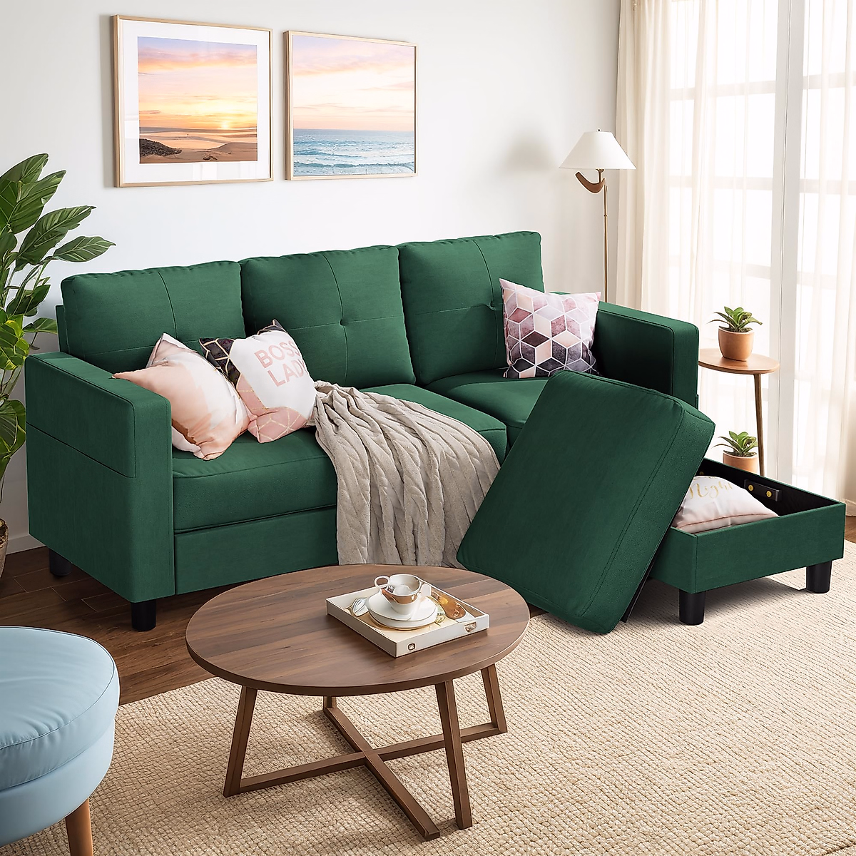 Shintenchi Convertible Sectional Sofa Couch, Modern Linen Fabric L-Shaped, 3-Seat Sofa Sectional with Reversible Chaise for Living Room, Apartment and Small Space (Green)