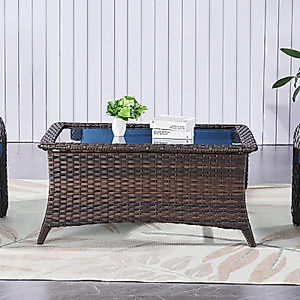 Belord Outdoor Coffee Table with Tempered Glass Top, Patio Rectangular Brown Wicker Table, Handwoven Rattan Coffee Table Compatible with Patio Furniture Sets for Porch Deck Backyard