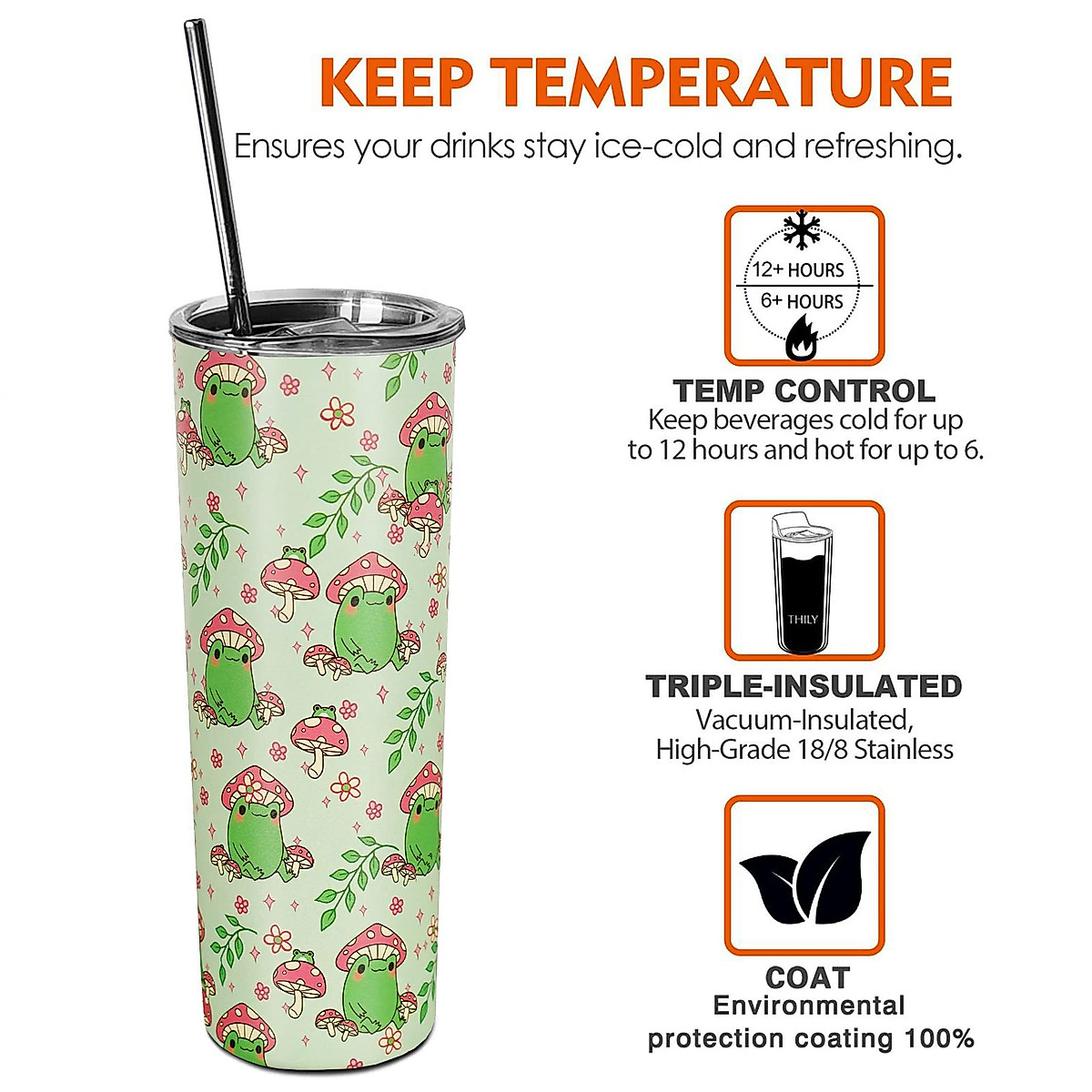 Ceovfoi Frog Gifts for Women,Cute Green Kawaii Frog Mushroom 20 Oz Tumbler with Lid and Straw,Kawaii Frog Stuff/Decor/Accessories/Things