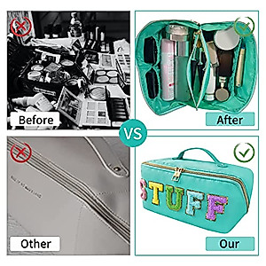 Huifen Stoney Clover Dupes Preppy Makeup Bag, Travel Cosmetic Bag Stuff Bag Chenille Letter Bag Large Capacity Nylon Bags Wide Open Falt Toiletry Bag Make up Organizer for Women Girls (Green)