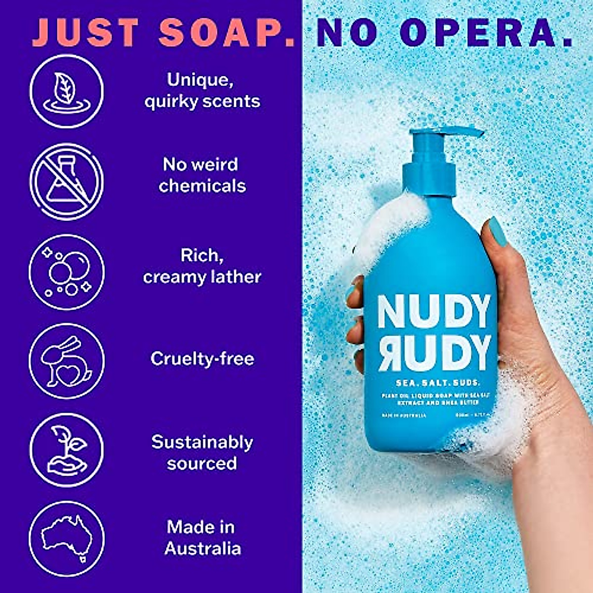 Nudy Rudy - Sea. Salt. Suds. - Liquid Hand Wash + 2 Bar Soap Bundle - Organic Shea Butter - Sea Salt - Non-Greasy - Hand Soap - Body Wash - Skin Care - Men & Women - 16.9 fl oz & 4.2 oz - 3 Pack