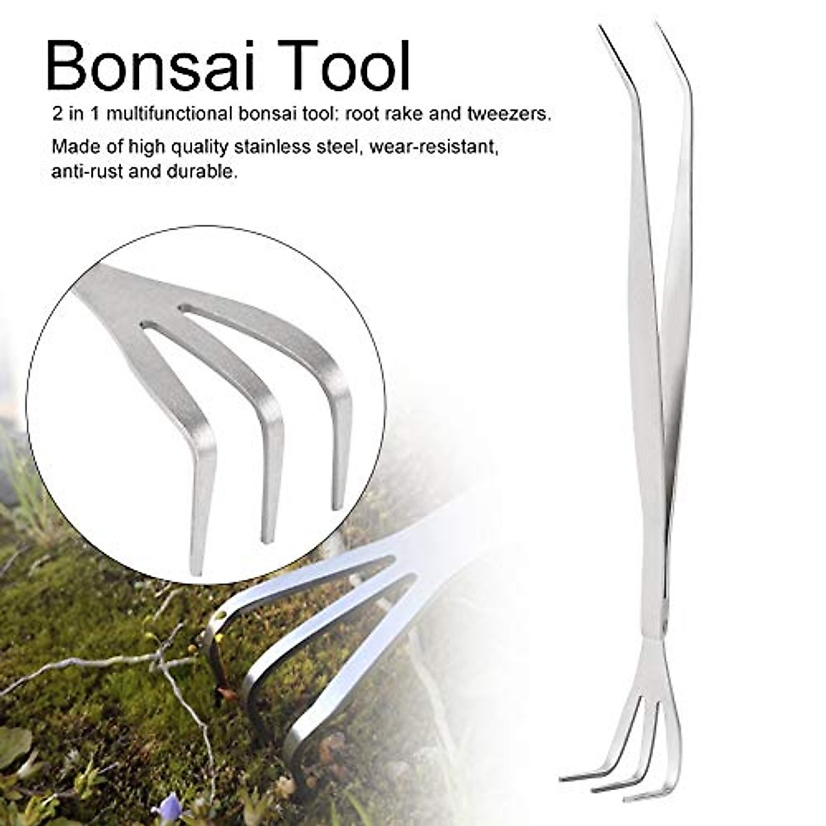 Root Rake with Tweezer, Bonsai Gardening Tools, 2-in-1 Stainless Steel Root Rake Bonsai Tweezers Soil Farming Tool with Ergonomical Handle