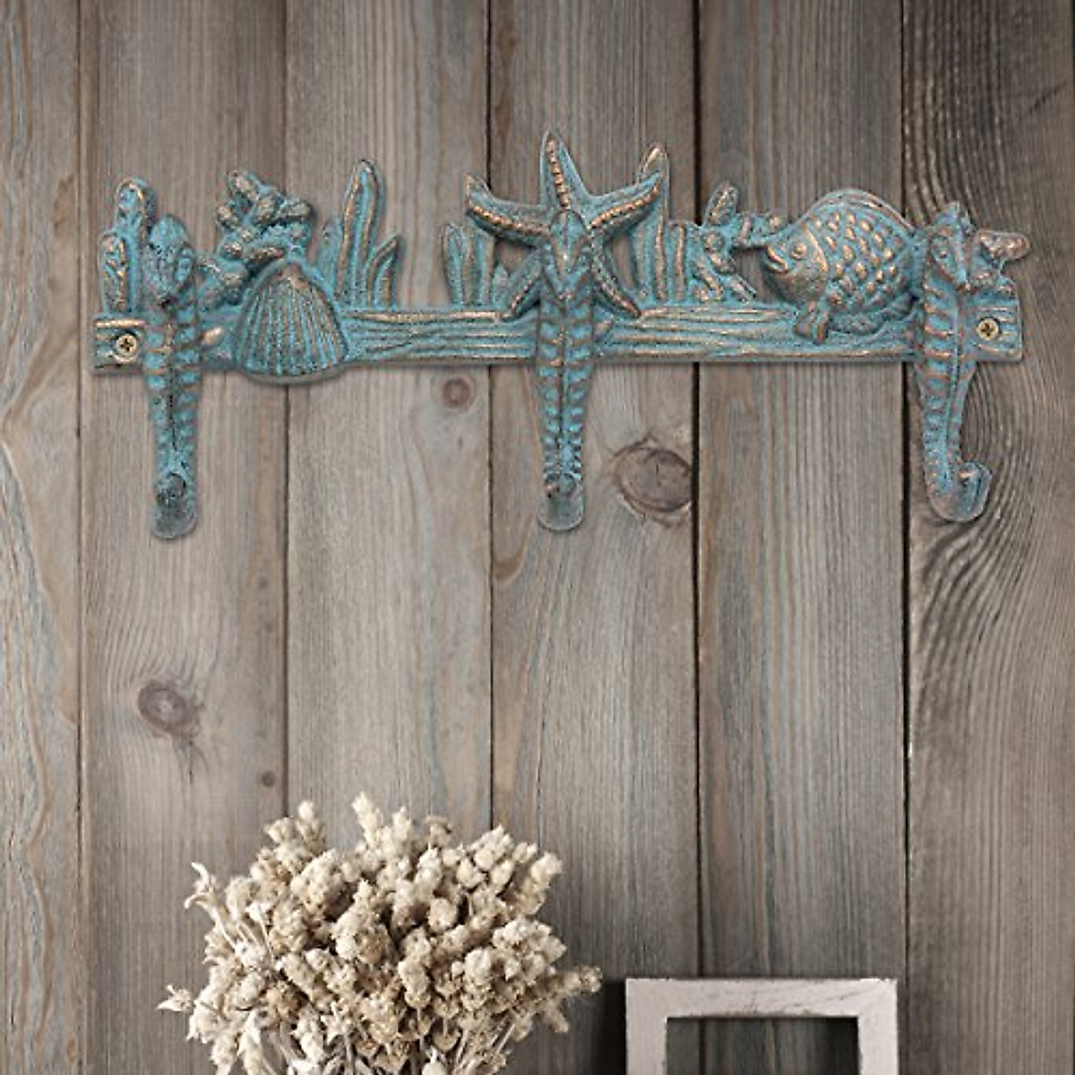 Stonebriar Decorative Cast Iron Seahorse Wall Hook Row, 11.2”, Turquoise
