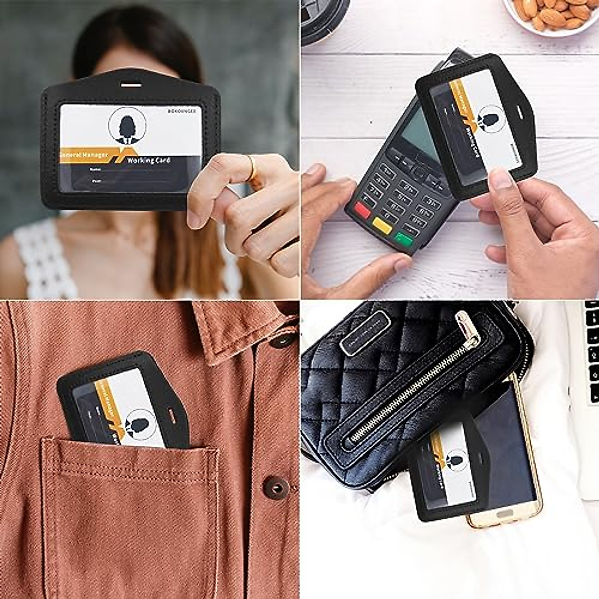 BOKOVNGEE 2pack badge holder with nylon lanyard and key ring, Horizontal cowhide ID badge holder with Double sided transparent window for Office worker，Teachers，Students, Workers，Medical staff