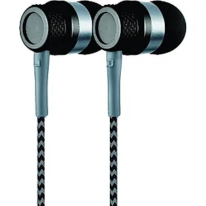 Coby Noise Isolating Metal Wired Earbuds| Wired Headphones w/Tangle Free Braided Wire |Built-in Microphone for Ear Buds| Noise Canceling Headphones w/ 3.5mm AUX| S/M/L Comfort Ear Gels|Black
